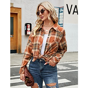 Blooming Jelly Womens Long Sleeve Shirts Flannel Plaid Tops 2023 Button Down Casual Fall Outfits Shacket(Medium, Orange Plaid)