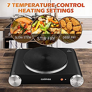 CUSIMAX Electric Burner Hot Plate for Cooking Cast Iron hot plates, Adjustable Temperature Control, Non-Slip Rubber Feet Stainless Steel Easy to Clean, Your Kitchen Assistant