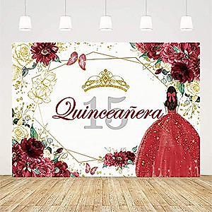 Sendy 7x5ft Quinceanera 15th Birthday Backdrop for Sweet Girl Mis Quince Anos Party Decorations Red and Gold Glitter Floral Crown Butterfly Banner Photography Background Cake Table Props