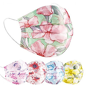 NiHealth 50-Pack Individually Wrapped Disposable Face Masks Tomorotec 3-Ply Colorful Breathable Non-Woven Masks (5 Flower Designs)