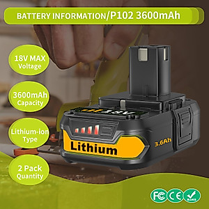 FERRYBOAT 2Pack 18V 3.6Ah P102 Replacement for Ryobi 18V Battery Compatible with Ryobi 18 Volt Lithium Battery P103 P104 P105 P107 P108 P109 P122 Cordless Tool