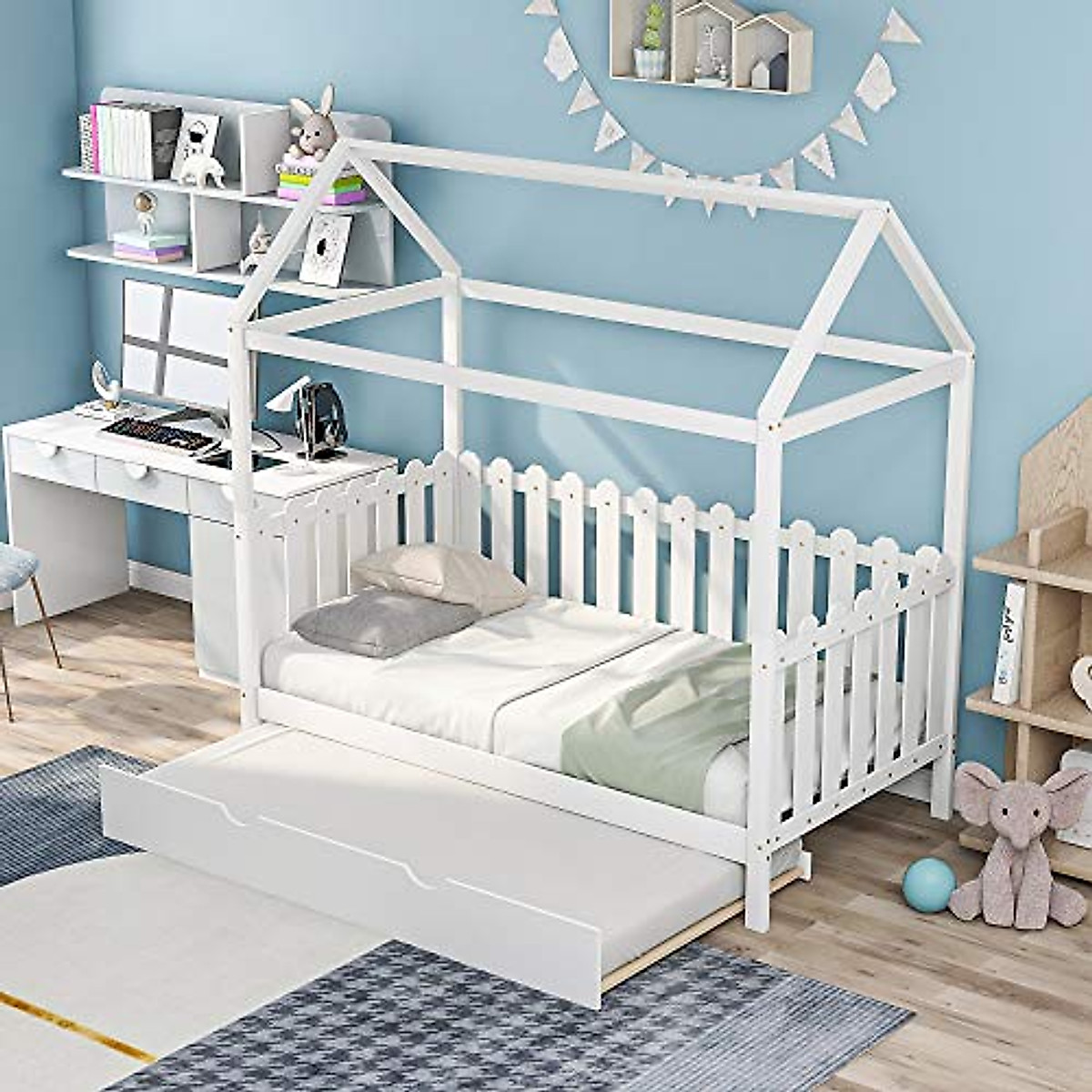 KLMM Low Daybed for Kids, Floor Bed with Trundle Bed, House Shape Wooden Bed Frame with Fence-Shaped Guardrail and Roof, Bedroom Furniture, Can be Decorated, Tent, Twin (White+Fence-Shaped Guardrail)