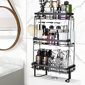 POKIPO Over The Toilet Storage Shelf, 3-Tier Bathroom Shelves Over Toilet, Drilling Wall Mounted Above Toilet Organizer, Removable Toilet Rack for Paper, Towels, Shampoos, Space Saver Decor, Black