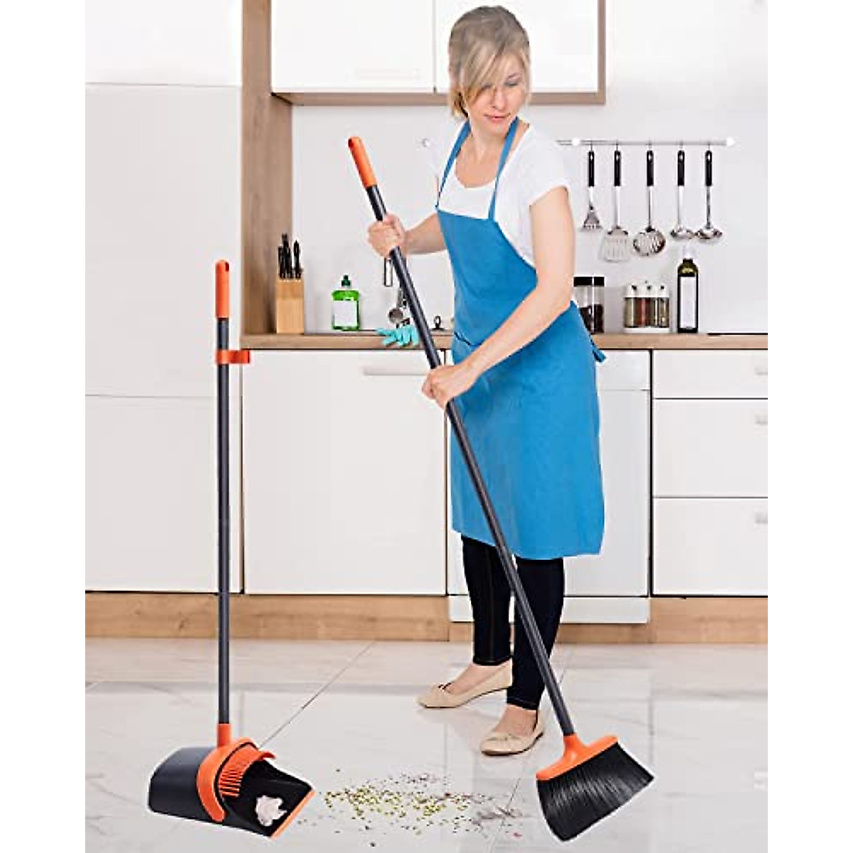 Broom and Dustpan Set for Home,Broom and Dust Pans with Long Handle,Indoor Broom with Dustpan Combo Set,Stand Up Broom and Dustpan,Kitchen Broom Dustpan for Home Room Office Lobby Floor Use(Orange)