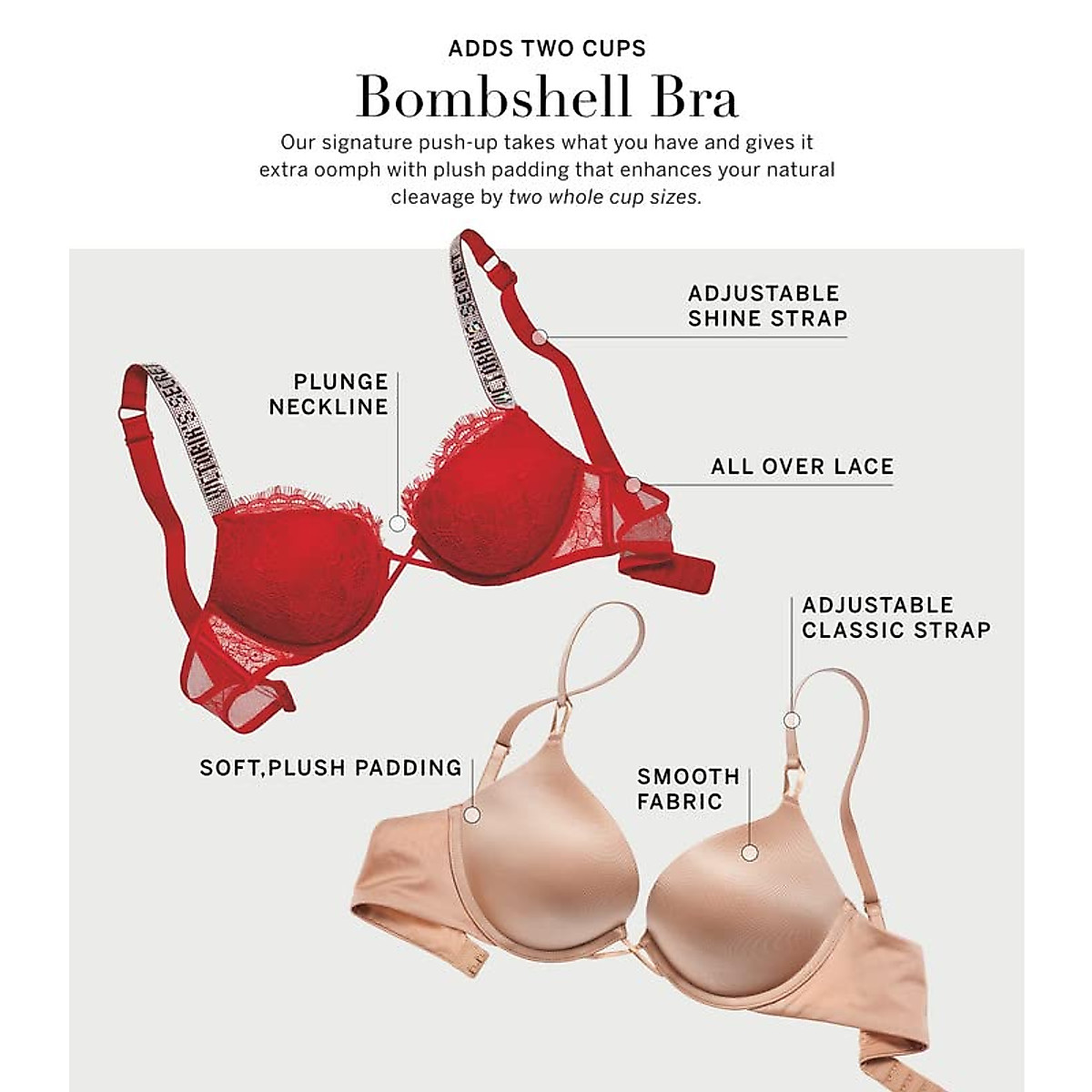 Victoria's Secret Very Sexy Bombshell Add-2-Cups Lace Shine Strap Push-Up Bra, Lipstick, 34B