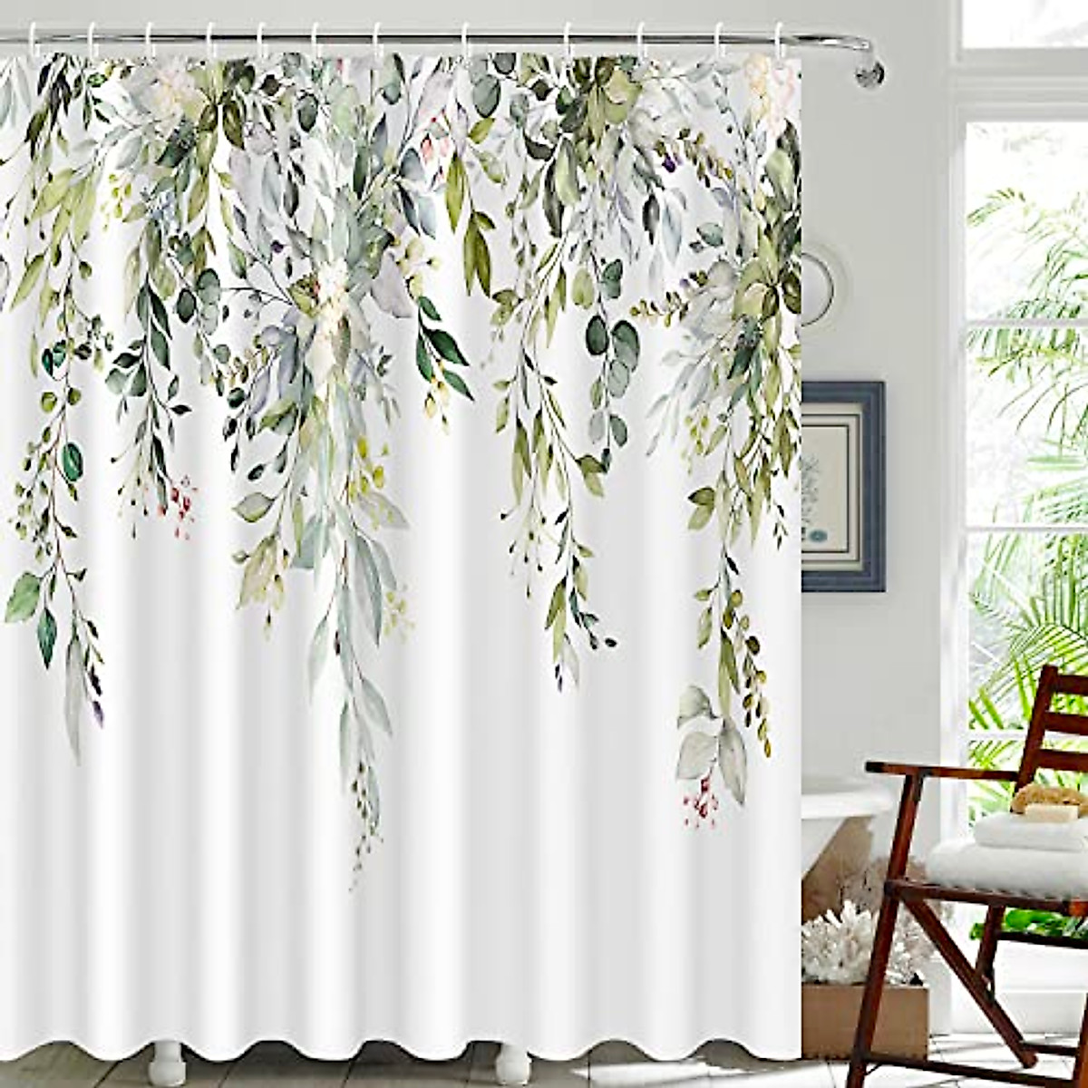 Nuseiis Sage Green Eucalyptus Shower Curtain, Watercolor Plant Leaves Shower Curtain with 12 Hooks, Decorative Botanical Shower Curtain 72 x 72 Inch