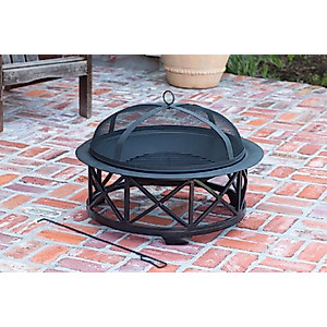 Fire Sense 60904 Fire Pit Portsmouth Decorative Powder Coated Steel Base Wood Burning Portable Outdoor Firepit Backyard Fireplace Included Vinyl Cover & Screen Lift Tool - Black - 30"