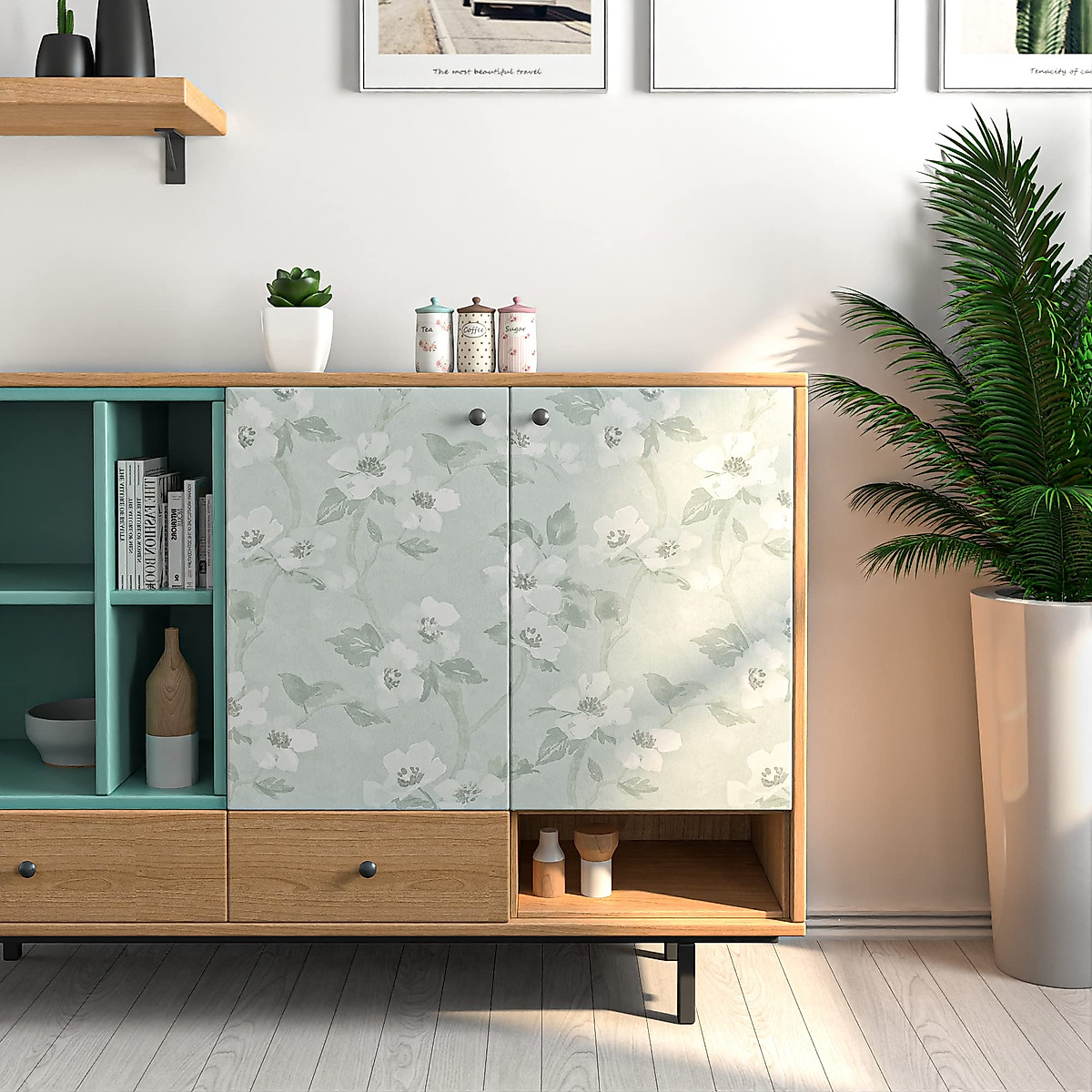 Naphite Green Floral Peel and Stick Wallpaper Boho Contact Paper for Cabinets Sage Green Flower Watercolor Contact Paper Modern Self Adhesive Removable Wallpaper for Bedroom Decor 17.3inW 78.7inL