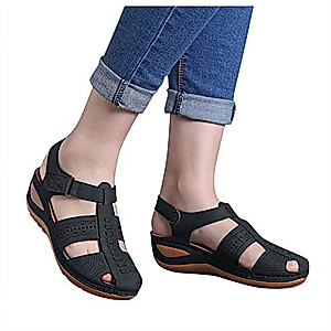SmallYin Womens Comfort Walking Flat Sandals Close-Toe Hook and Loop Low Heel Athletic Wedge Sandals Summer Beach Bohemia Sandals for Women