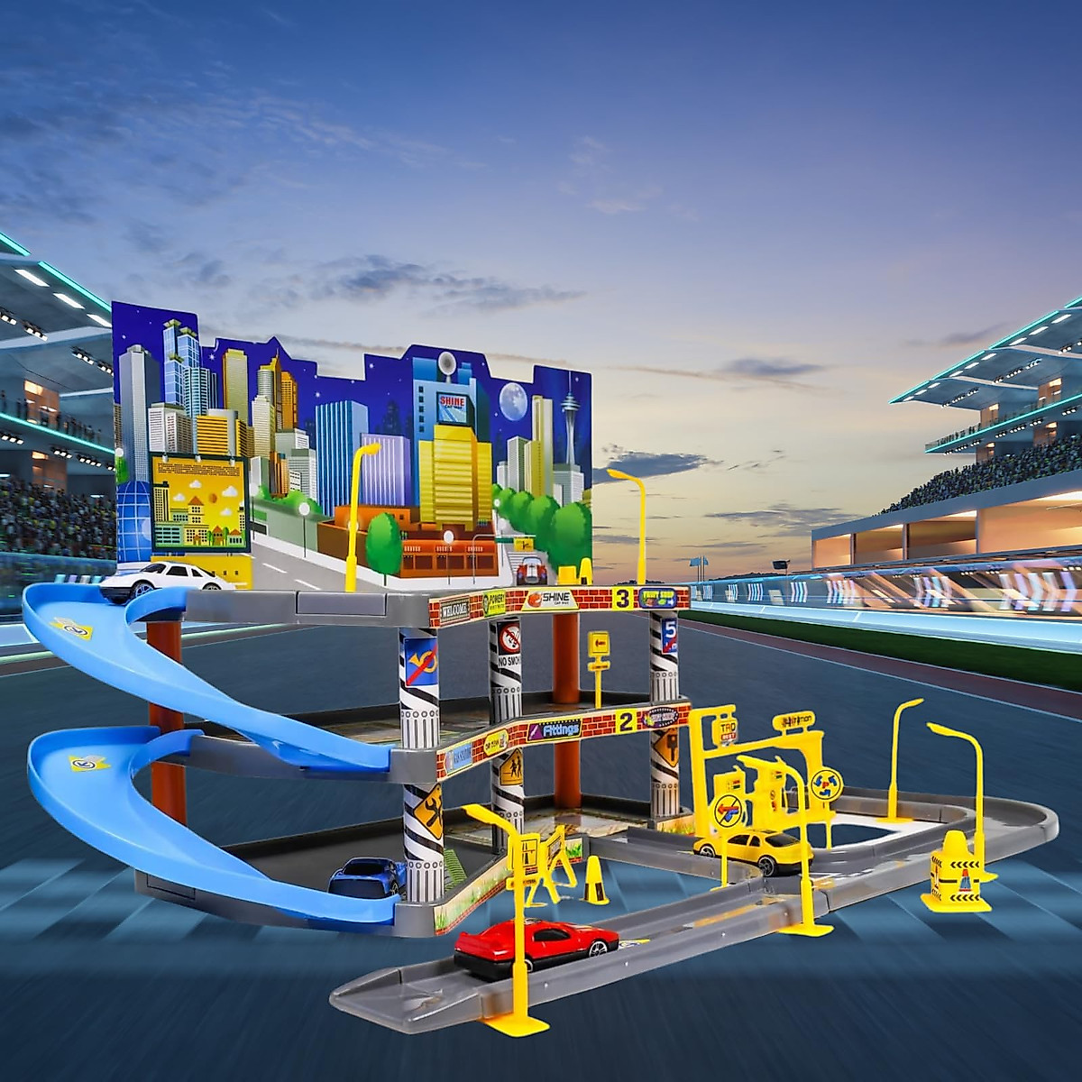 Kidplokio Ultimate Toy Car Garage Diecast Vehicle Playset with 4 Diecast Cars, Boys Ages 3+