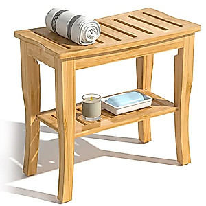 Bamboo Shower Bench & Stool Waterproof - Wood Shower Bench with Storage Shelf for Inside Shower(Classic Natural)