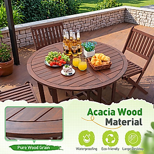 Greesum 5 Piece Patio Dining Set Outdoor Acacia Wood Furniture All-Weather Folding Round Table and Chairs for Backyard,Balcony,Porch,Deck,Garden, Dark Brown
