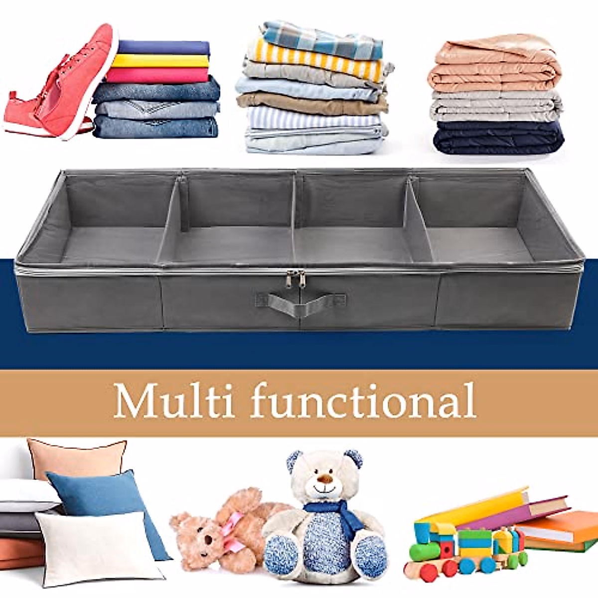 LotFancy Under Bed Storage Containers, Detachable Dividers, 2 Pack, Closet Underbed Clothes Blanket Organizer, 39.3x16.5x6 in, with 4 Handles and Large Clear Window, Sturdy, Large, Gray