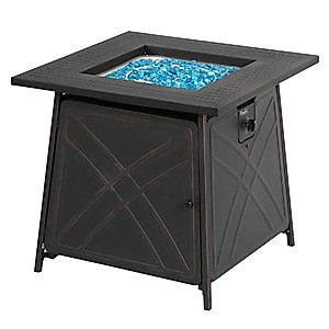 BALI OUTDOORS Gas FirePit Table, 28 inch 50,000 BTU Square Outdoor Propane Fire Pit Table with Lid and Blue Fire Glass