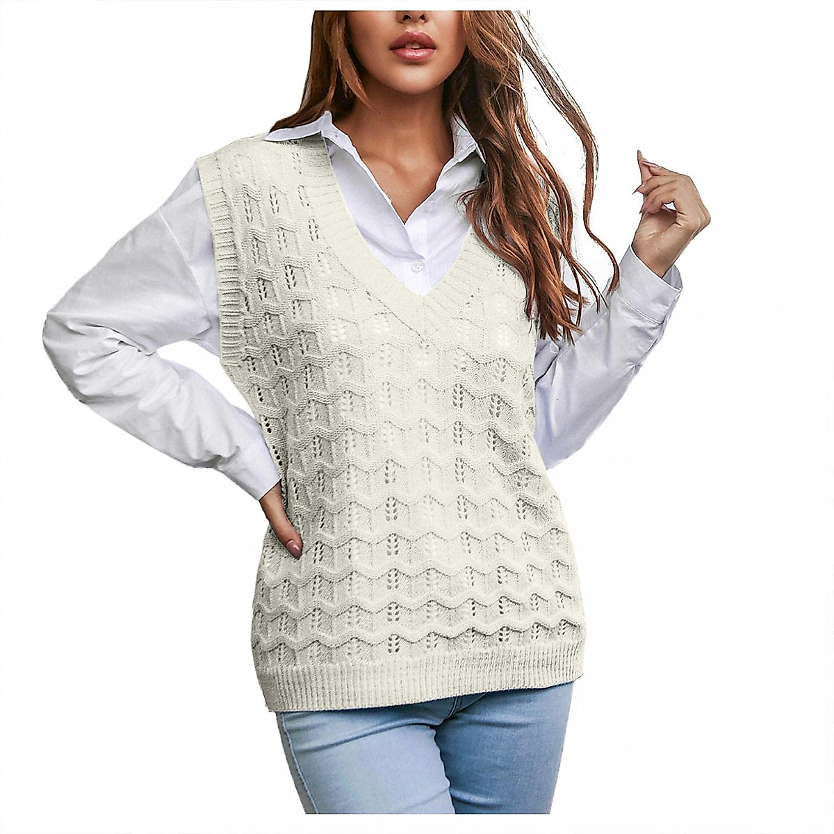 Padaleks Women's Oversized Fall Winter Pullover Sweater Vest Sleeveless V Neck Vintage Loose Casual Knitted Top