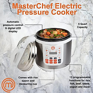 MasterChef 13-in-1 Pressure Cooker- 6 QT Electric Digital Instant MultiPot w 13 Programmable Functions- High and Low Pressure Slow Non-Stick Pot Cooking Warmer Options, LED Display, Delay Timer, Rice