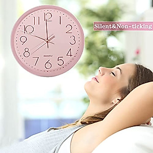 JUSTUP Round Wall Clock, 12 Inch Pink Large Wall Clock for Bedroom, Quality Quartz Modern Silent Clock with Battery Operated, Arabic Quiet Wall Clock Decor for Home Kitchen Living Room Office (Pink)