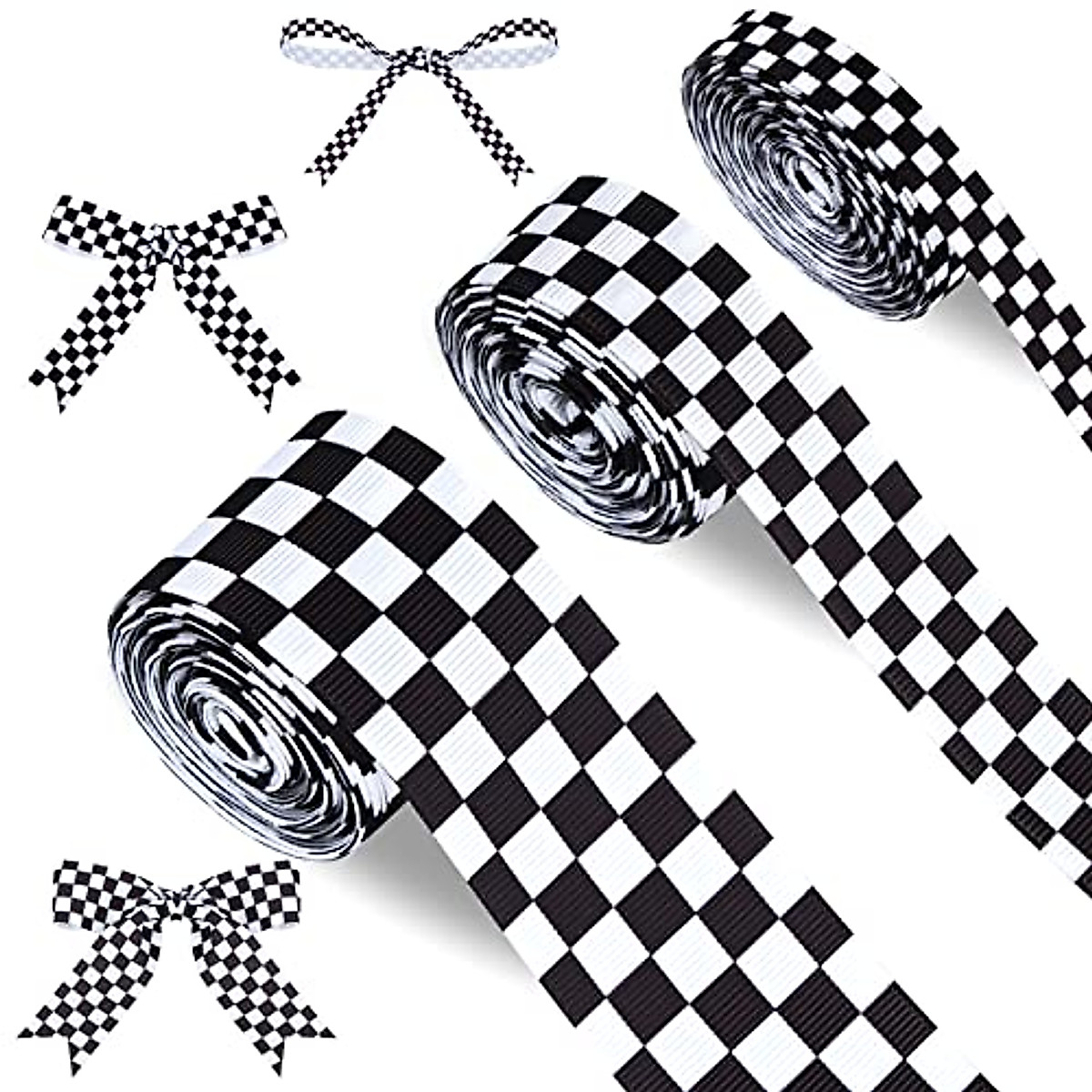 Kuscul 3 Rolls White Checkered Printed Ribbon Black Grosgrain Ribbon Racing Car Theme Checkered Ribbon Gingham Buffalo Plaid Wrapping Ribbon for DIY Crafts Wreath Gift Wrapping, 15 Yard