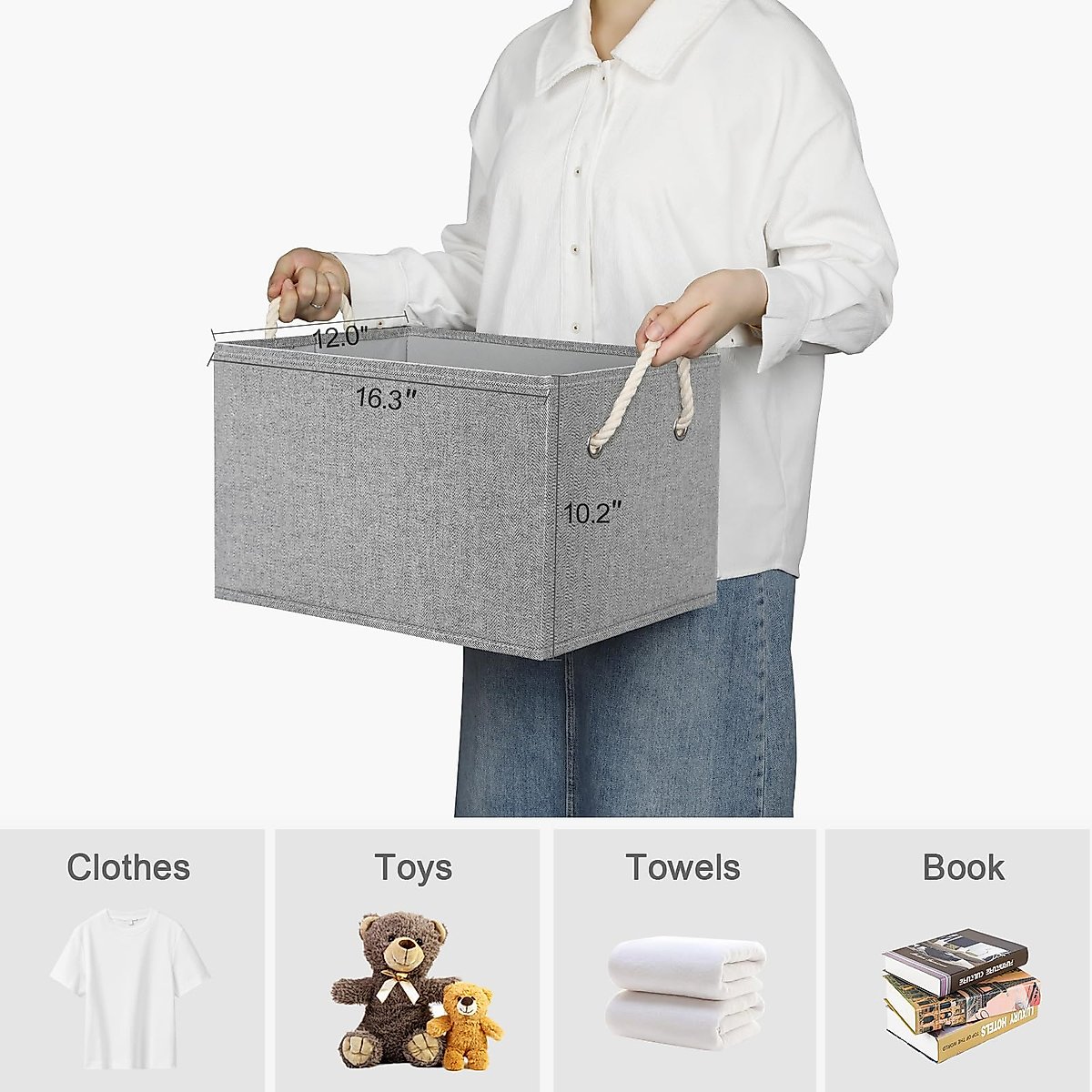 TOPIA HOME Closet Organizers and Storage Bins for Shelves, EXTRA LARGE, 3-Pack Foldable Storage Baskets for Organizing with Rope Handles, Collapsible Fabric Cube Organization Boxes, Gray, TP03DG