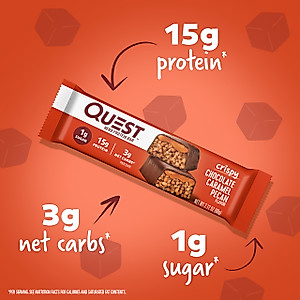 Quest Nutrition Crispy Chocolate Caramel Pecan Hero Protein Bar, 15g Protein, 1g Sugar, 3g Net Carb, Gluten Free Protein Snack, Keto Friendly, 12 Count