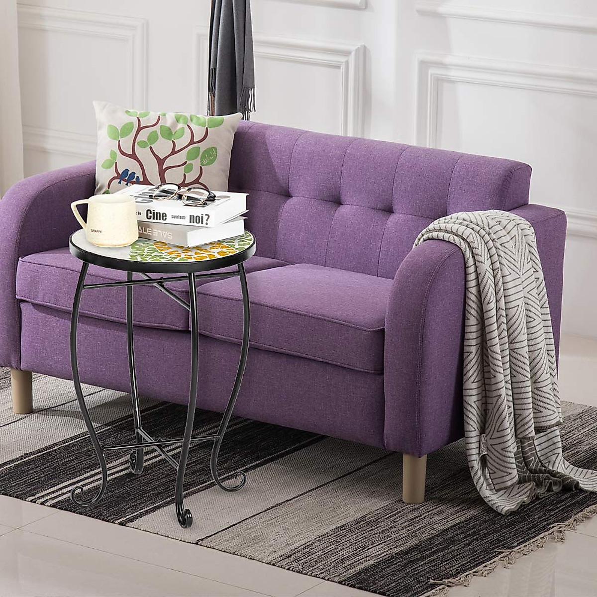 SSLine Outdoor Mosaic Side Table Elegant Round Accent Table with Colorful Glass Top&Metal Frame Patio Deck Sofa Chair-Side End Table Small Coffee Tables Plant Stand for Living Room Backyard Balcony