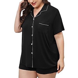 SWOMOG Women's Plus Size Pajamas Set Button Down Tops Short Sleeve Sleepwear Soft Pajama Shorts 2 Pcs Lounge Sets With Pocket Black