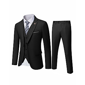 MY'S Men's Blazer Vest Pants Set, Solid Party Wedding Dress, One Button Jacket Waistcoat and Trousers, 3 Piece Slim Fit Suit with Tie Black