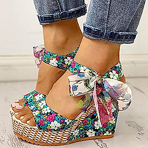 Bravetoshop Women's Wedge Sandals Lace Up Bow Tie Open Toe Platform Sandals High Heel Dress Shoes (Green,5 US)