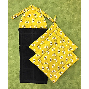 Honey Bumble Bees Black and White on Yellow Ties On Stays Put Kitchen Hanging Loop Hand Dish Kitchen Towel and Set of 2 Square Hot Pads Pot Pan Plate Holders Trivets Hostess Housewarming Gift