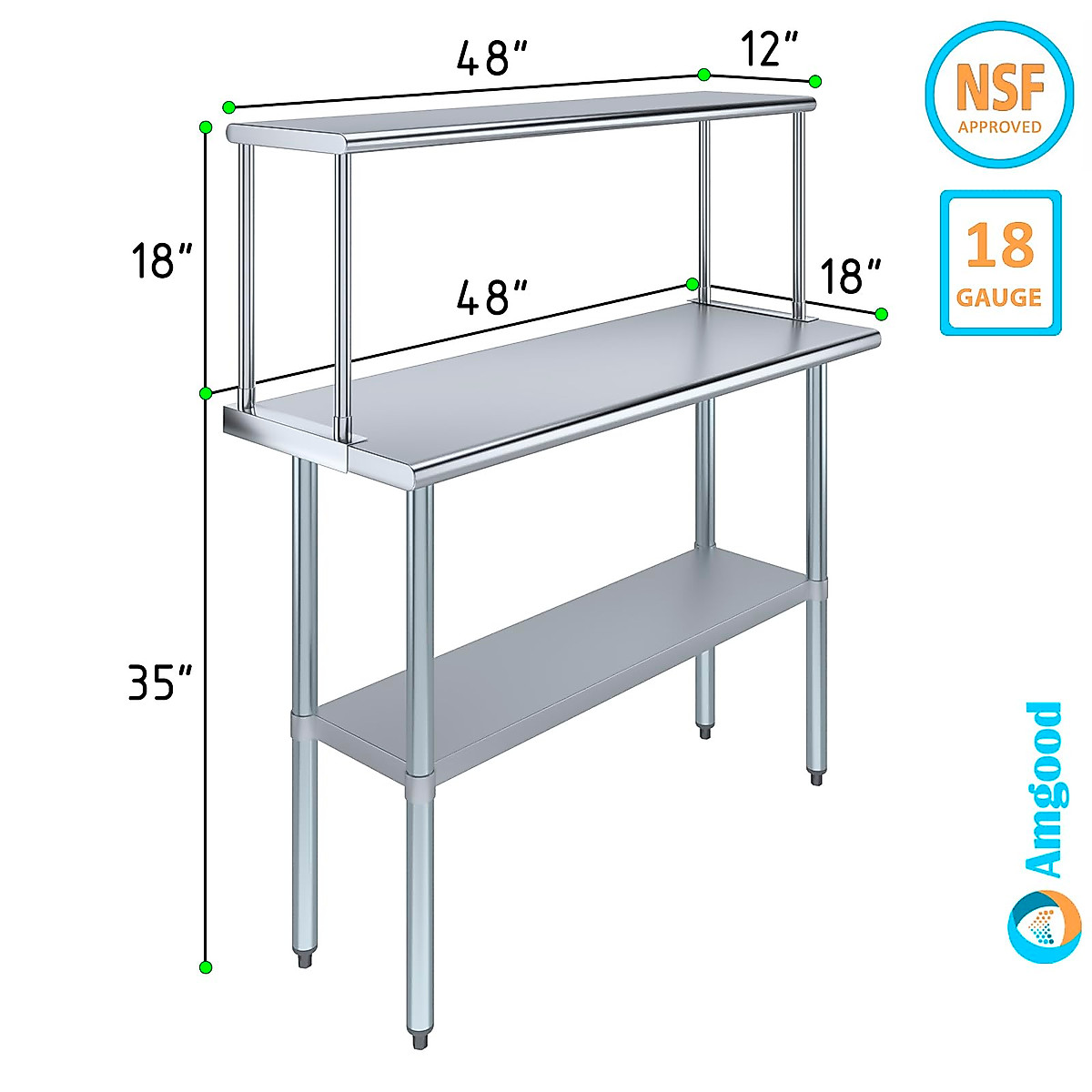 Stainless Steel Work Table with Wide Single Tier Overshelf | Metal Kitchen Prep Table & Shelving Combo (18" x 48" Work Table + 12" Overshelf)