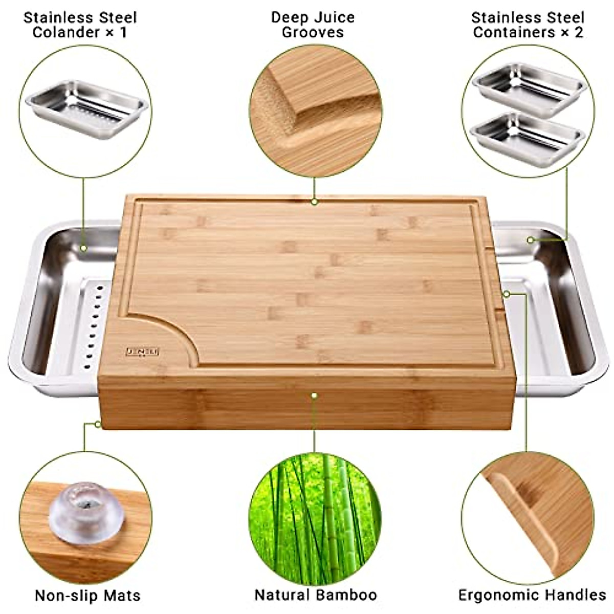 JENELI CO Large Bamboo Cutting Board with Containers, Meal Prep Station with Slide Out Stainless Steel Trays and Collapsible Containers, Smart chopping board-Over the Sink or Countertop