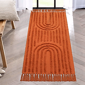 LEEVAN Washable Kitchen Rug 2'x4.3', Boho Hand-Woven Entryway Rug, Terracotta Rainbow Bedroom Rug with Tassels, Farmhouse Tufted Bathroom Rugs, Bohemian Rugs for Bedside/Laundry/Nursery