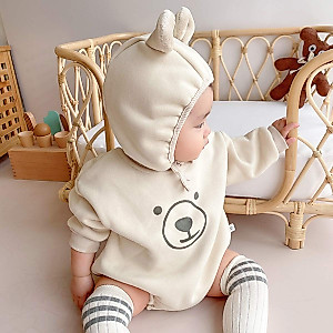 famuka Baby Boy/Girl Sweatshirt Romper Long Sleeve Bear Bodysuit (Beige, 3-6 Months)