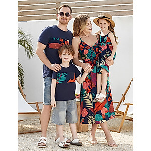 PATPAT Family Matching Outfits Mommy and Me Dresses Matching Set Tropical Floral Palm Leaf Print Sun Maxi Dresses Matching Hawaiian Outfits for Couples Vacation Beach Red Floral Outfit for Women M