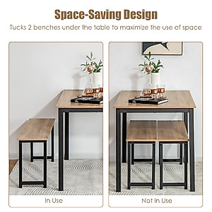 NAFORT 3-Piece Dining Table Set for 4, 43.5" Modern Kitchen Table Set w/2 Benches & Metal Frame, Space Saving Dining Room Table Set with MDF Wood Board, Ideal for Home, Restaurant, etc.