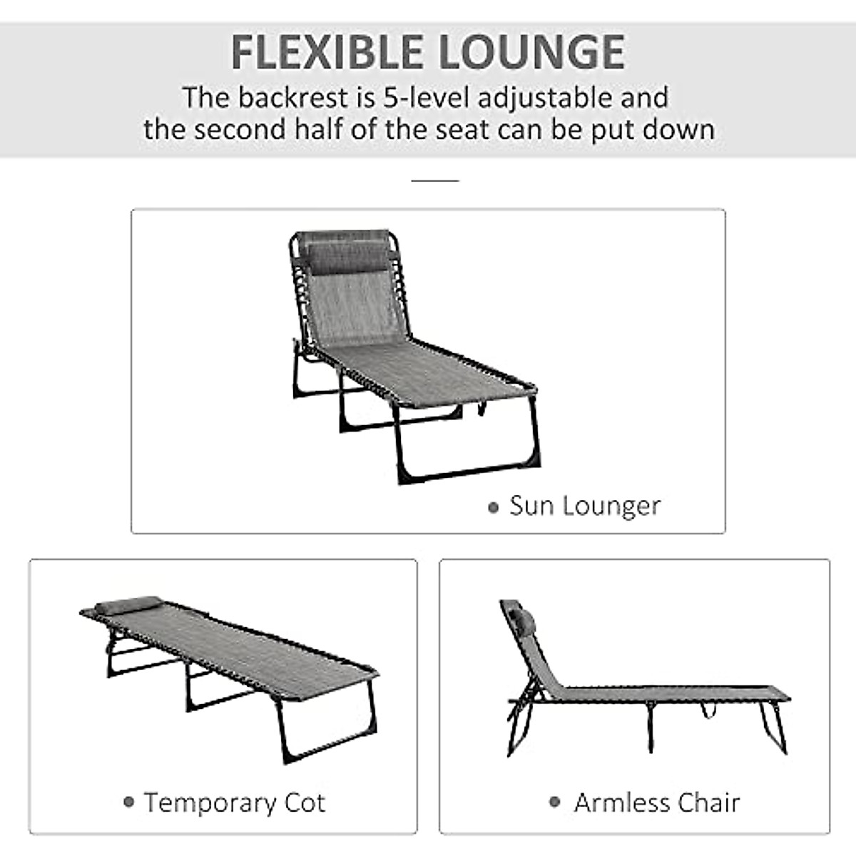 Outsunny Reclining Chaise Lounge Chair, Portable Sun Lounger, Folding Camping Cot, with Adjustable Backrest and Removable Pillow, for Patio, Garden, Beach, Grey