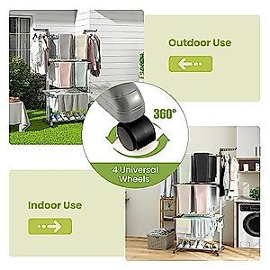 Giantex Foldable Clothes Drying Rack, Oversized 4-Tier Collapsible Laundry Rack w/ 3 Retractable Trays, Hanger Holders, Moveable Laundry Garment Dryer Stand w/Wheels for Indoor Outdoor Use