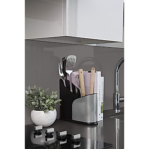Umbra Furlo, Expandable Kitchen Utensil Holder, Multi-Functional Caddy Organizer with Divider and Extra Storage, Ideal for Keeping Knives and other Utensils Instantly Accessible, Black/Stainless Steel