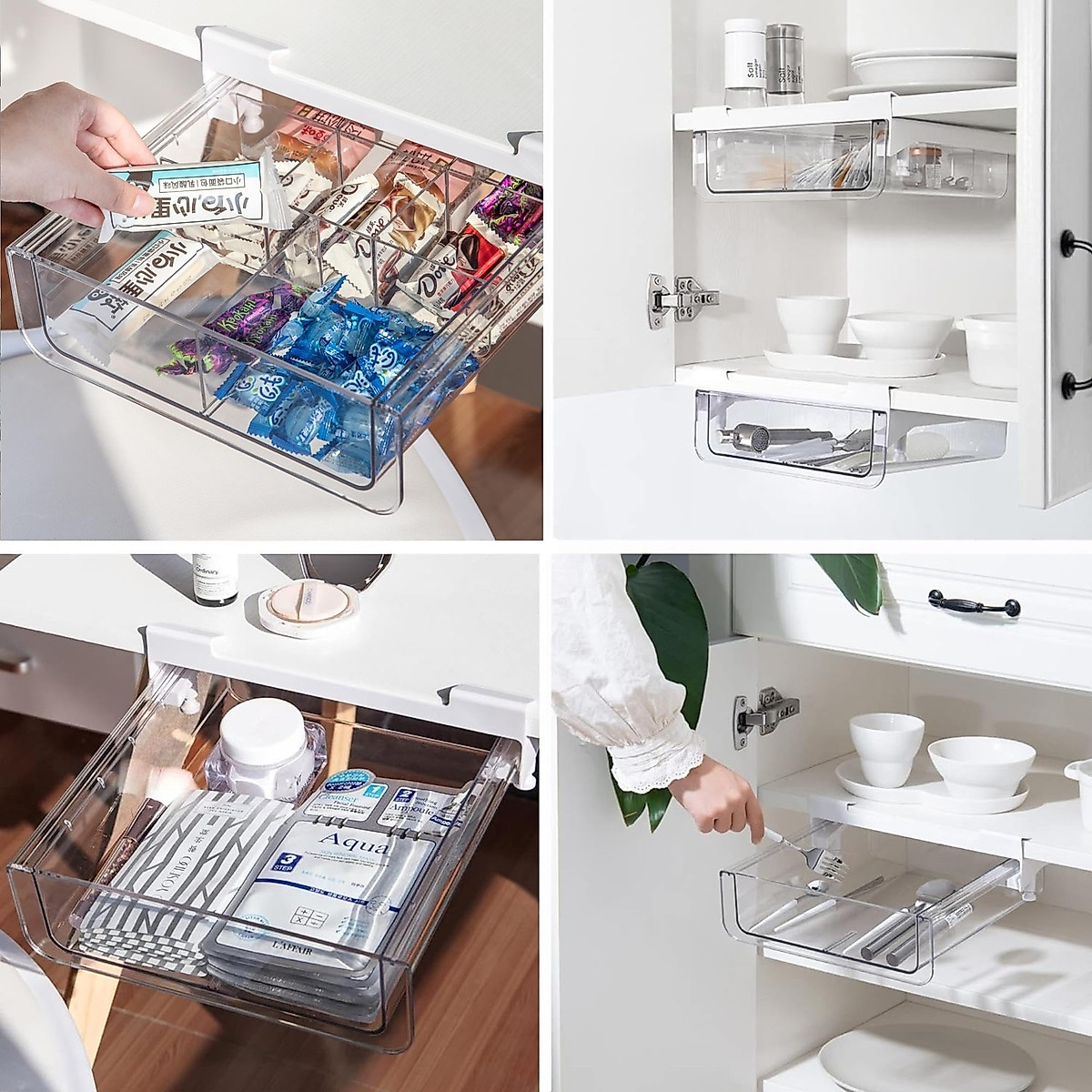vacane Clear Under Shelf Drawer Organizer, Under Cabinet Shelf Hanging Storage Easy to Install, Bpa-Free Plastic Storage for Closet Kitchen Pantry Cupboard