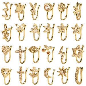 CrazyPiercing 24Pcs Fake Nose Ring CZ African Nose Cuffs Gold Faux Septum Nose Rings Clip on Nose Jewelry for Woman Non Pierced Jewelry