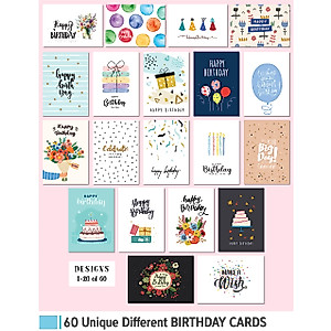 60 Happy Birthday Cards Assortment - Bday Cards in Bulk - 5x7 Assorted Variety Box Set Pack Unique Designs with Envelopes - Birthday Card for Men Women Kids - for Office - Greeting Message Inside