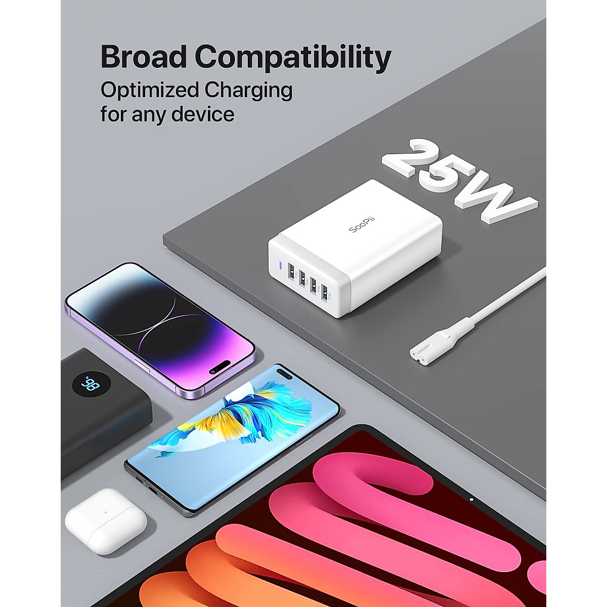 SOOPII 25W USB Charger, Charging Station with 4 USB Ports with 5ft Power Cord for Multiple Device, Wall Charger for iPhone 14, Galaxy, IPad,Tablets and Smartphones.…