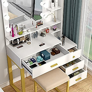 PAKASEPT Vanity Set with Lighted Mirror, Makeup Vanity Dressing Table with LED Light, Drawers, Storage Shelves and Cushioned Stool, Small Vanity Desk for Bedroomy,39.4"L x 15.7"W x 63"H