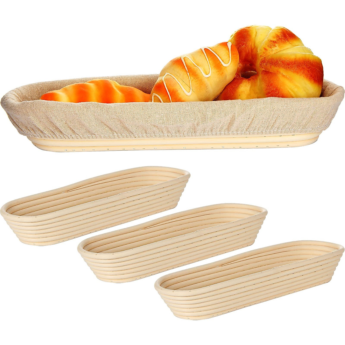 4 Pieces 13.8 Inch Banneton Bread Proofing Basket Oval Long Bread Proofing Basket Banneton Basket Dough Proofing Basket with Liners and Scatters for Home Sourdough Bread Baking