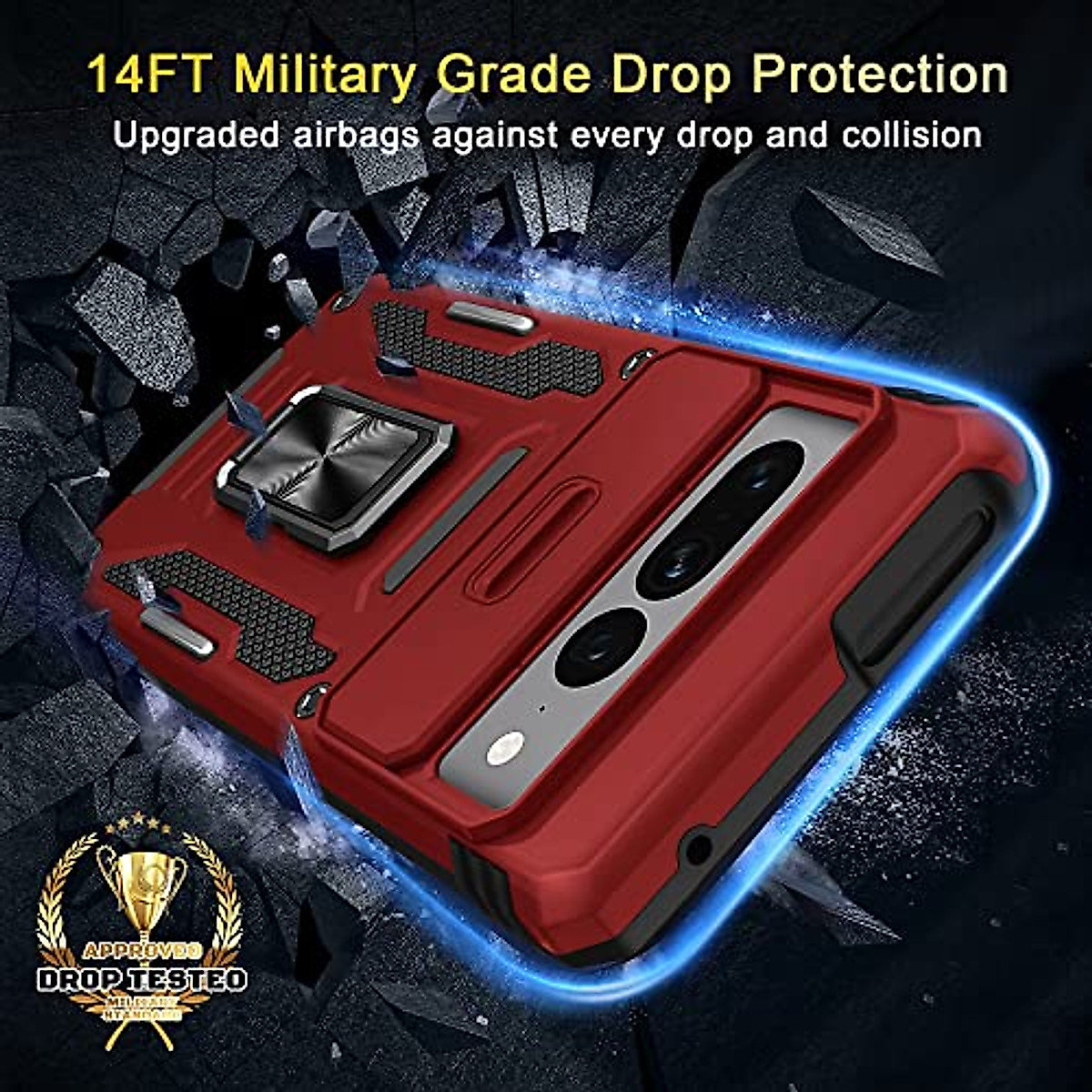 DEERLAMN for Google Pixel 7 Pro Case with Slide Camera Cover,[Full Camera Protection] [Magnetic Rotated Kickstand] Military Grade Shockproof Heavy Duty Protective Cover-Red