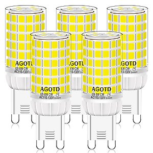 AGOTD G9 LED Bulb 6W, Dimmable Daylight White 6000K, 658LM LED Light Bulb, T4 40W 50W 60W Halogen Replacement G9 Bi Pin Base, No-Flicker, Chandelier Lighting, 5 Pack