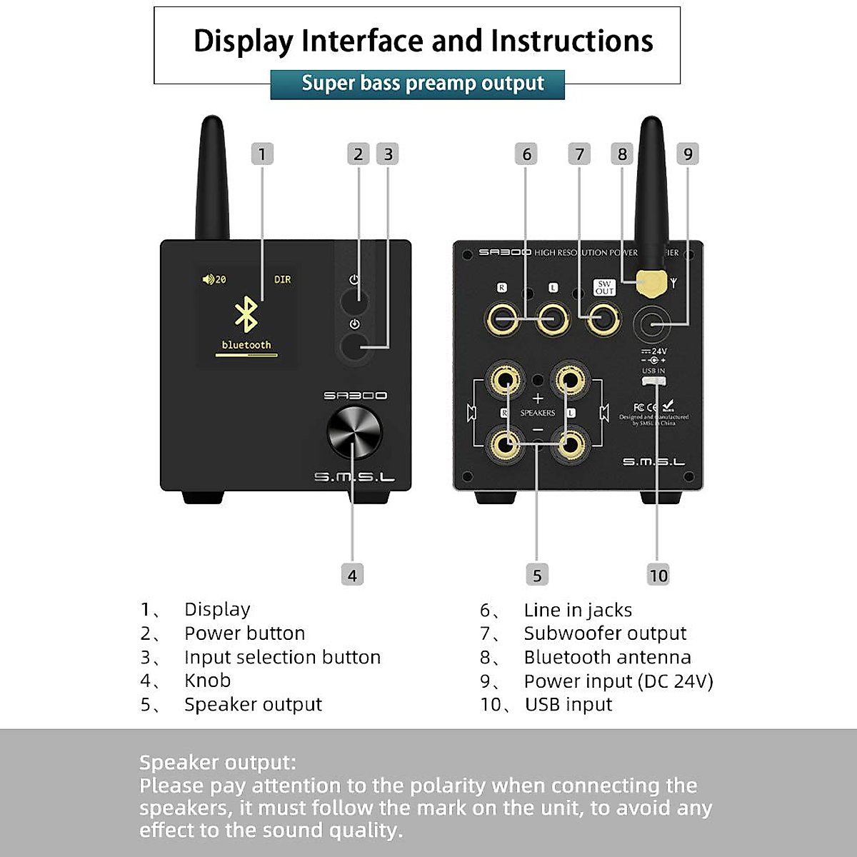 S.M.S.L SA300 HiFi Digital Amplifier, Infineon's MA12070 Chip Class D Power Amp, RCA USB Bluetooth 5.0 APTX Input, Multiple EQ Modes with Remote Control (Black)