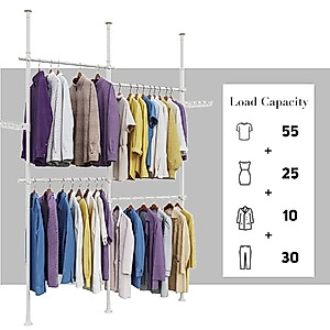 DYN Ptah Floor to Ceiling Adjustble Garment Rack, Heavy Duty Double 2-Tier Clothes Rack, Free Standing Clothes Laundry Drying Rack, Clothing Hanger Tension Rod Closet System Wardrobe Storage White