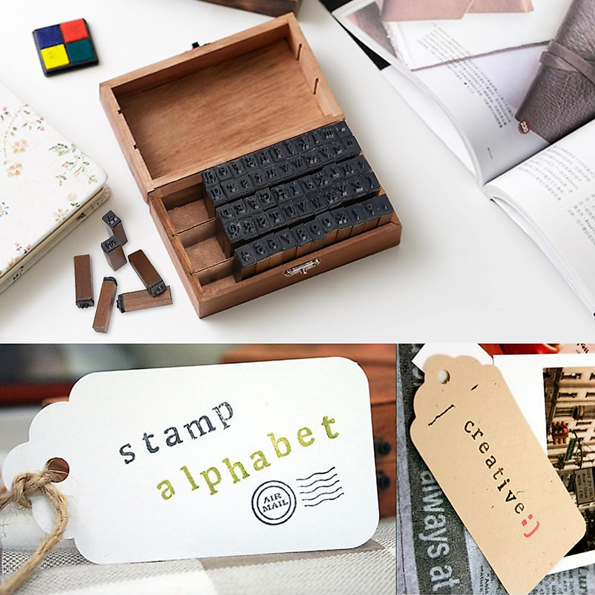 Udefineit 70PCS Wooden Rubber Alphabet Stamps, Vintage Style Mini A-Z a-z Letter Stamps 0-9 Number Stamps & Symbols Stamper Seal Set for Pottery Clay Crafts Arts, DIY Card Scrapbooking Painting