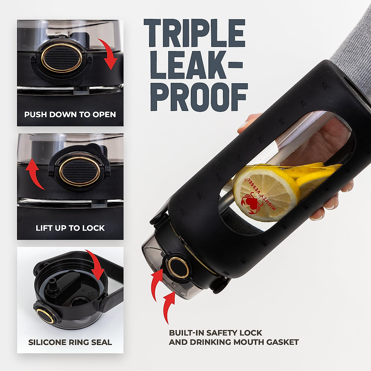 Leakproof 64 oz Glass Water Bottle - Borosilicate Large Glass Water Bottle with Straw, Silicone Sleeve and Time Markers, Half Gallon Jug, Suitable for Travel, Sports, Gym, and Daily Intake